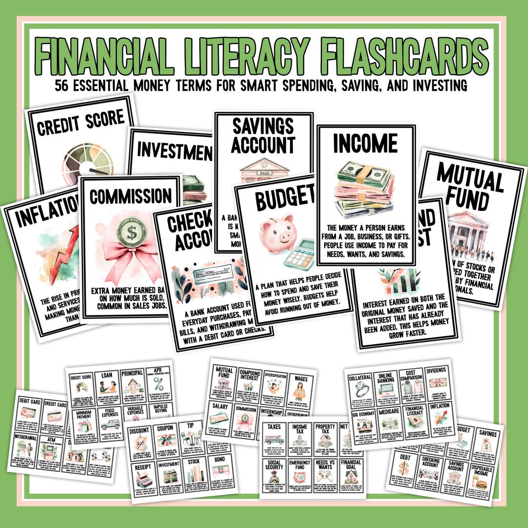 Financial Literacy Flashcards | 56 Money Terms for Kids & Teens ...