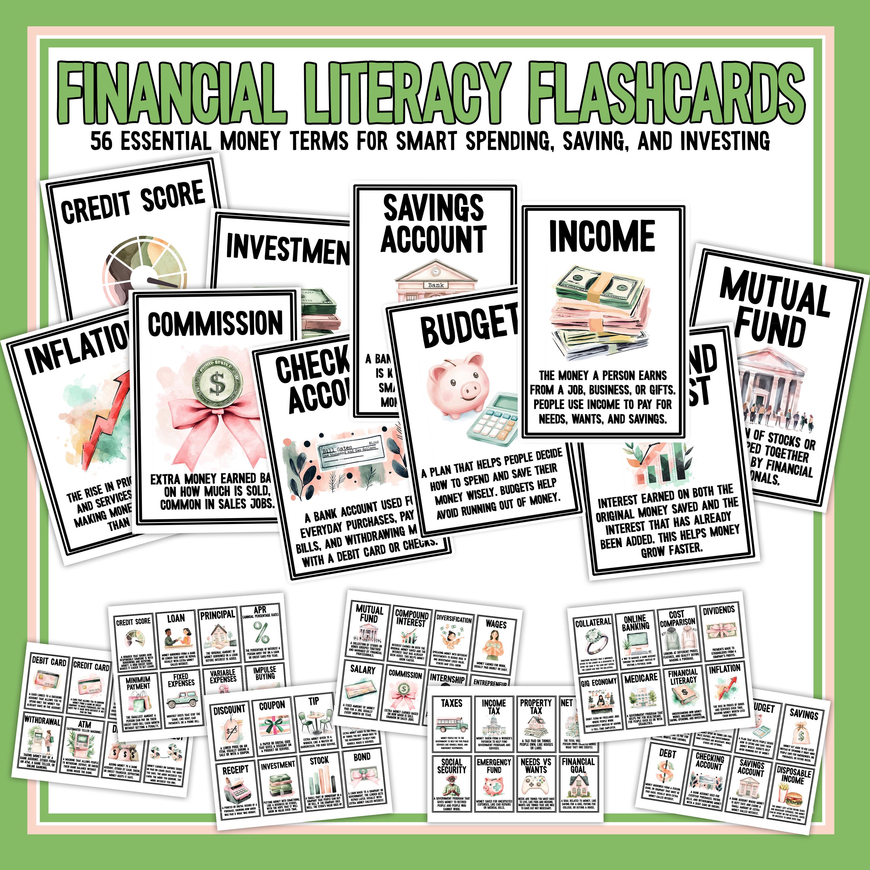 Financial Literacy Flashcards | 56 Money Terms for Kids & Teens ...