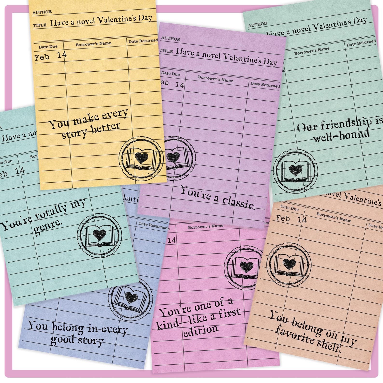 Book Lover Valentine Cards | Library Book Check Out Card Valentines ...