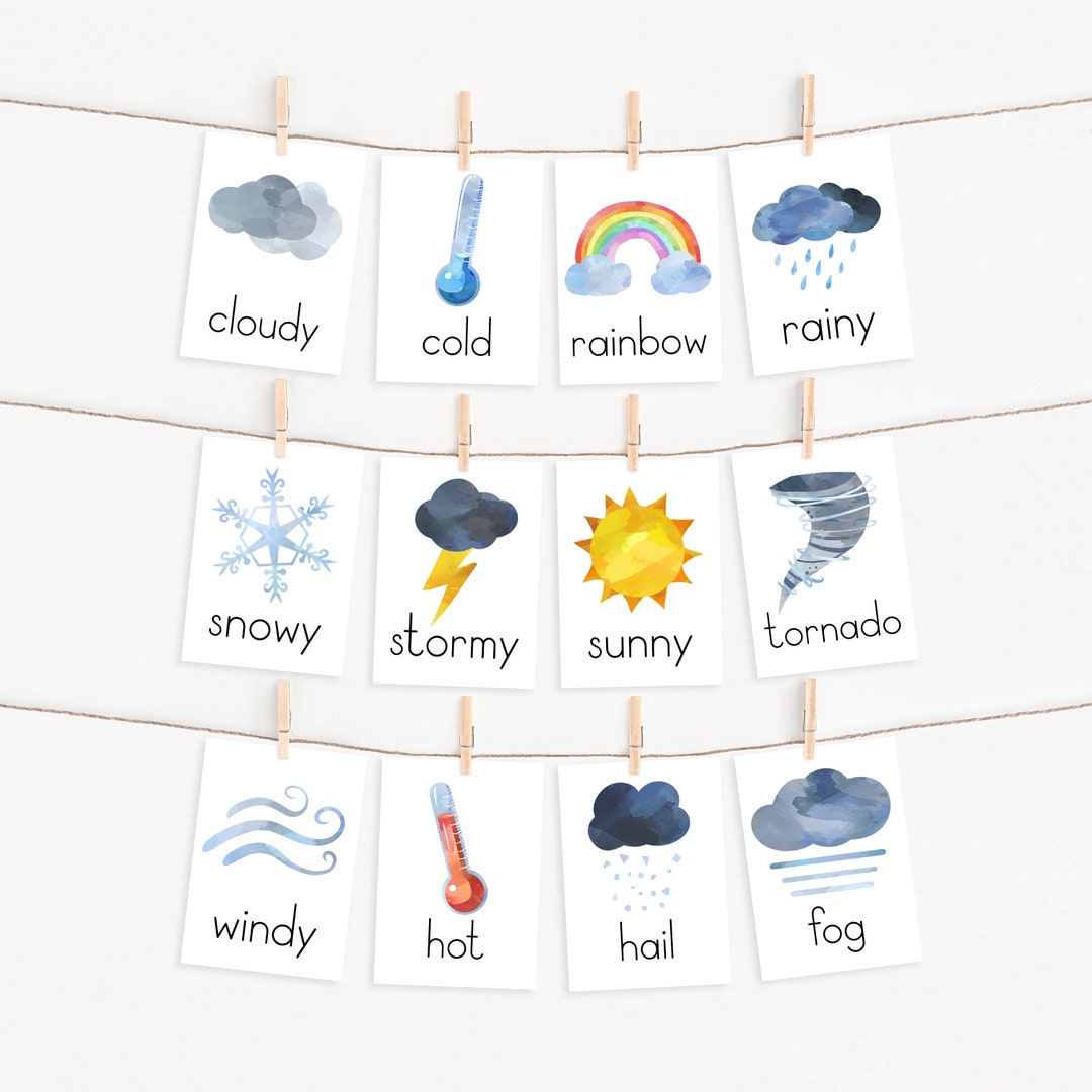Weather Flash Cards 12 Montessori Flashcards Pre-school Cards Rainbow ...