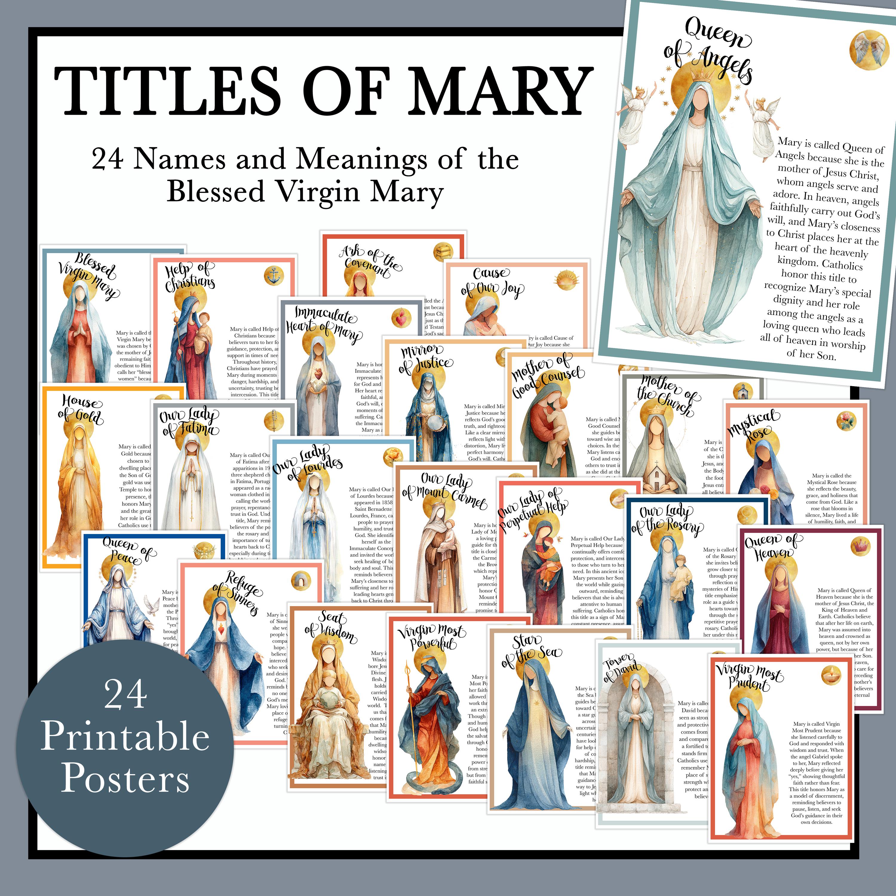 Titles of Mary Bulletin Board Poster Set | Catholic Marian Posters With ...