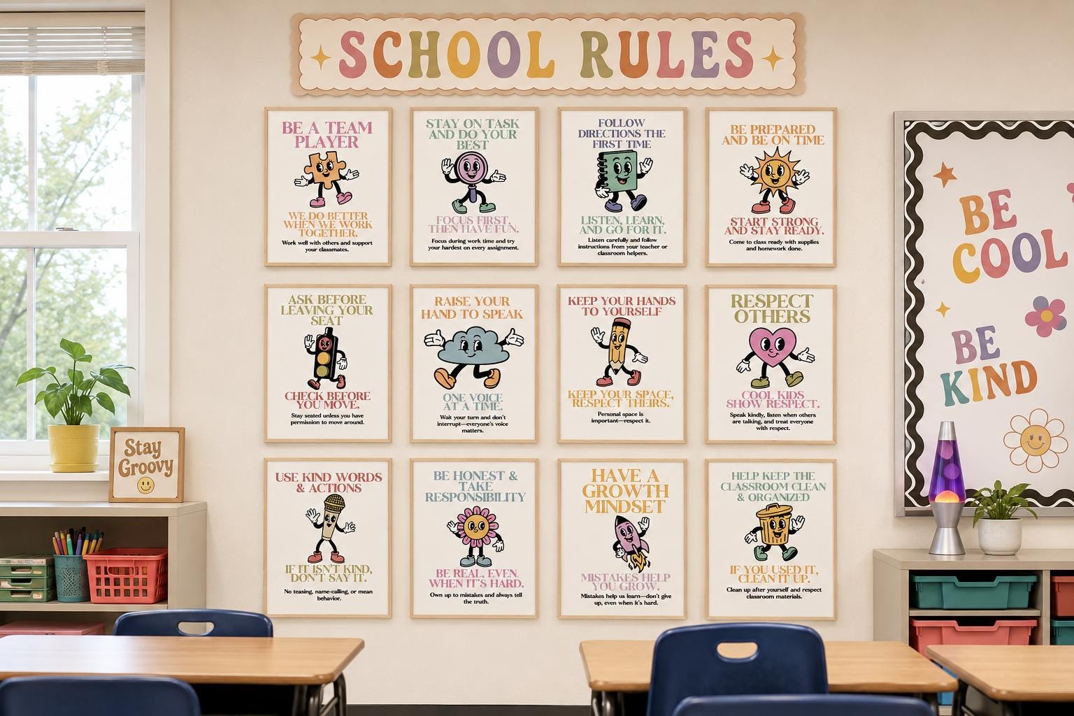 Retro Classroom Rules Poster Set | Vintage Character Behavior ...