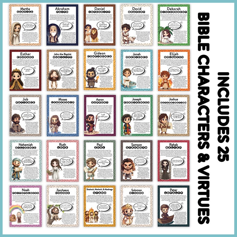 Virtues of the Bible Posters | 25 Bible Character Bulletin Board Poster ...