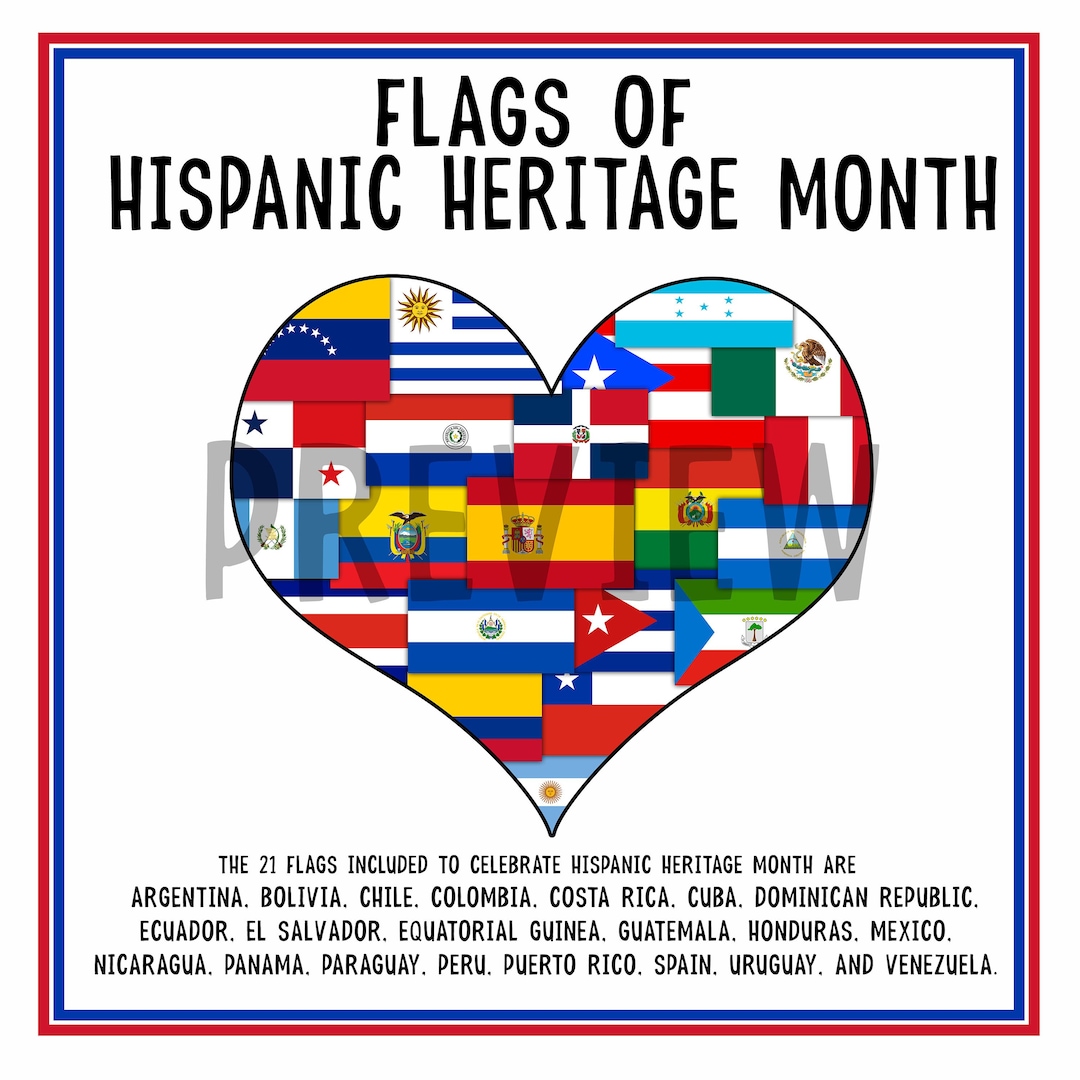 Hispanic American Heritage Month Flag Heart | Hispanic Country Flags ...