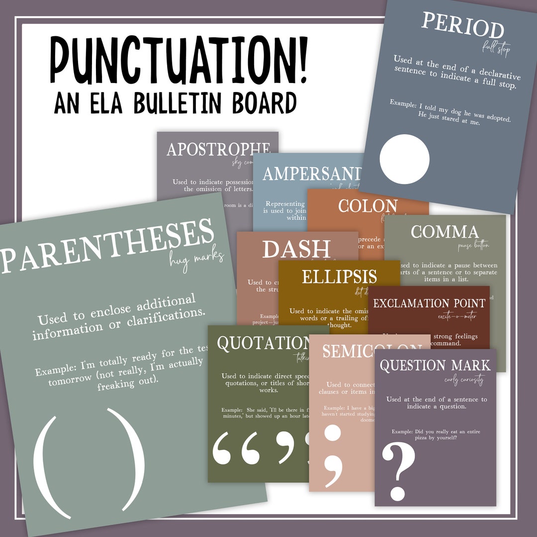English Posters | Punctuation ELA Bulletin Board | Set of 12 Digital ...
