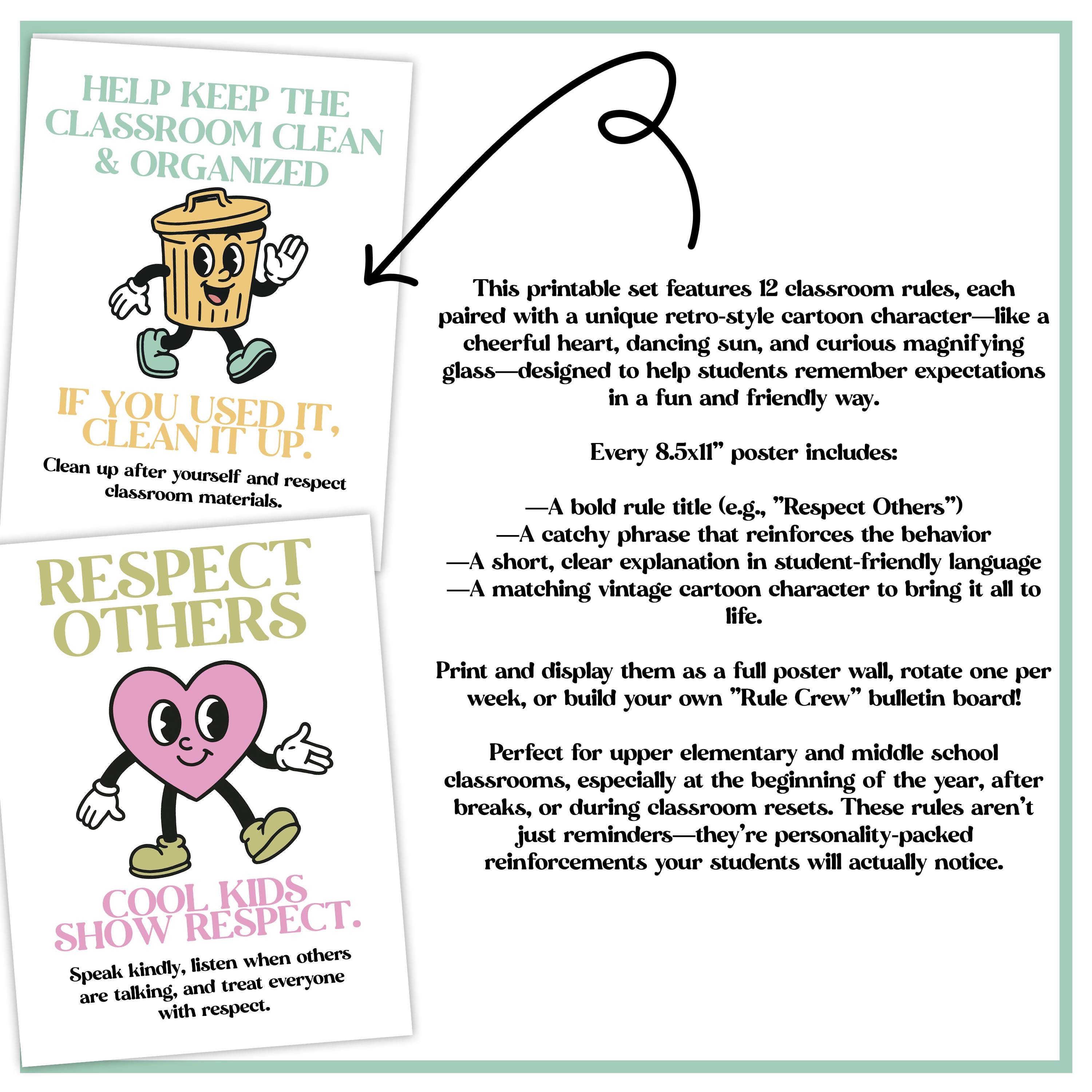 Retro Classroom Rules Poster Set | Vintage Character Behavior ...