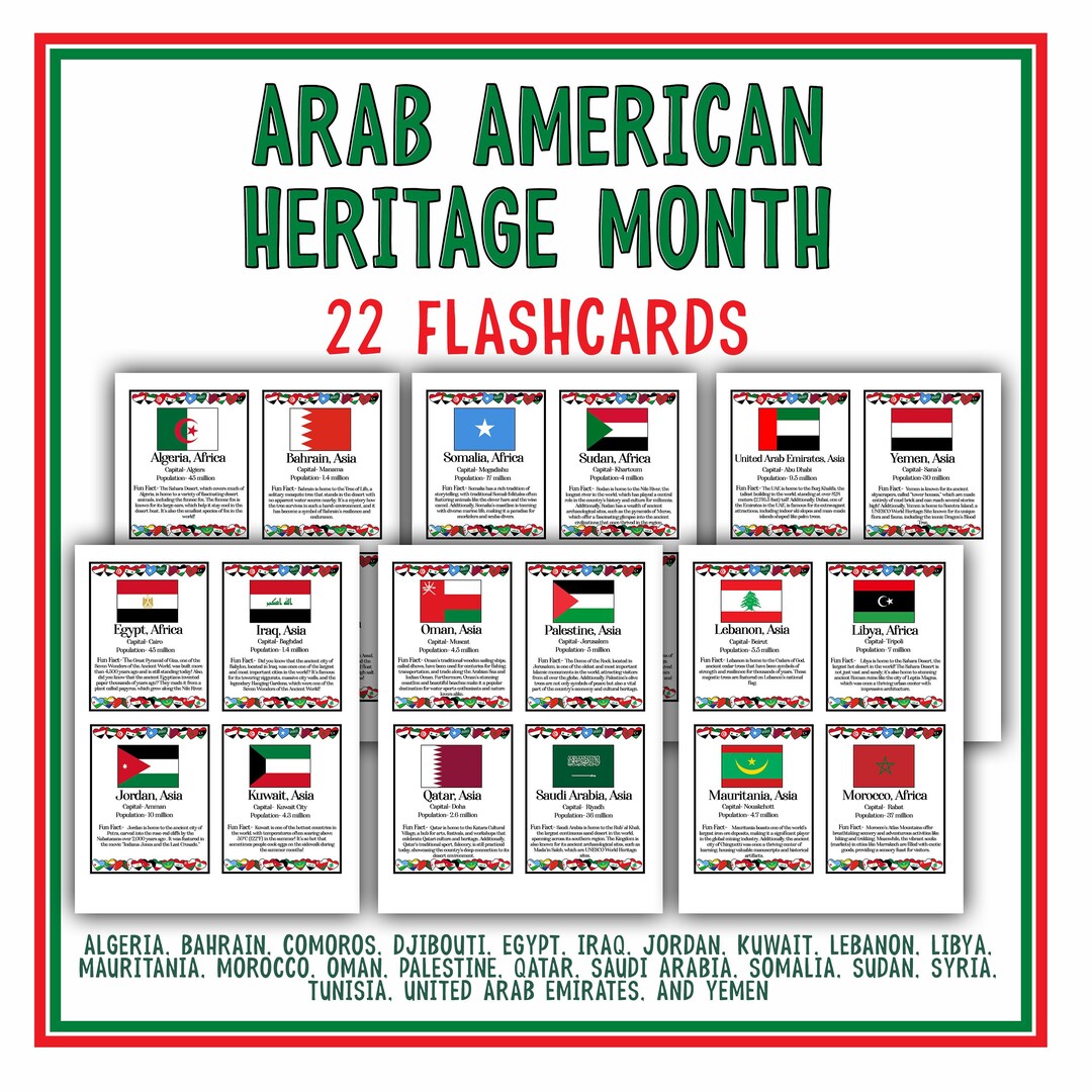 Arab American Heritage Month Flashcards Printable Arab Country Flash ...