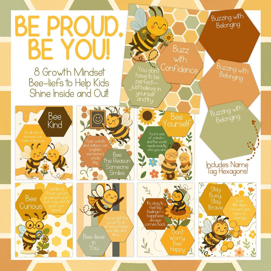 Bee Themed Growth Mindset Bulletin Board | Bee Kind SEL Digital Posters ...