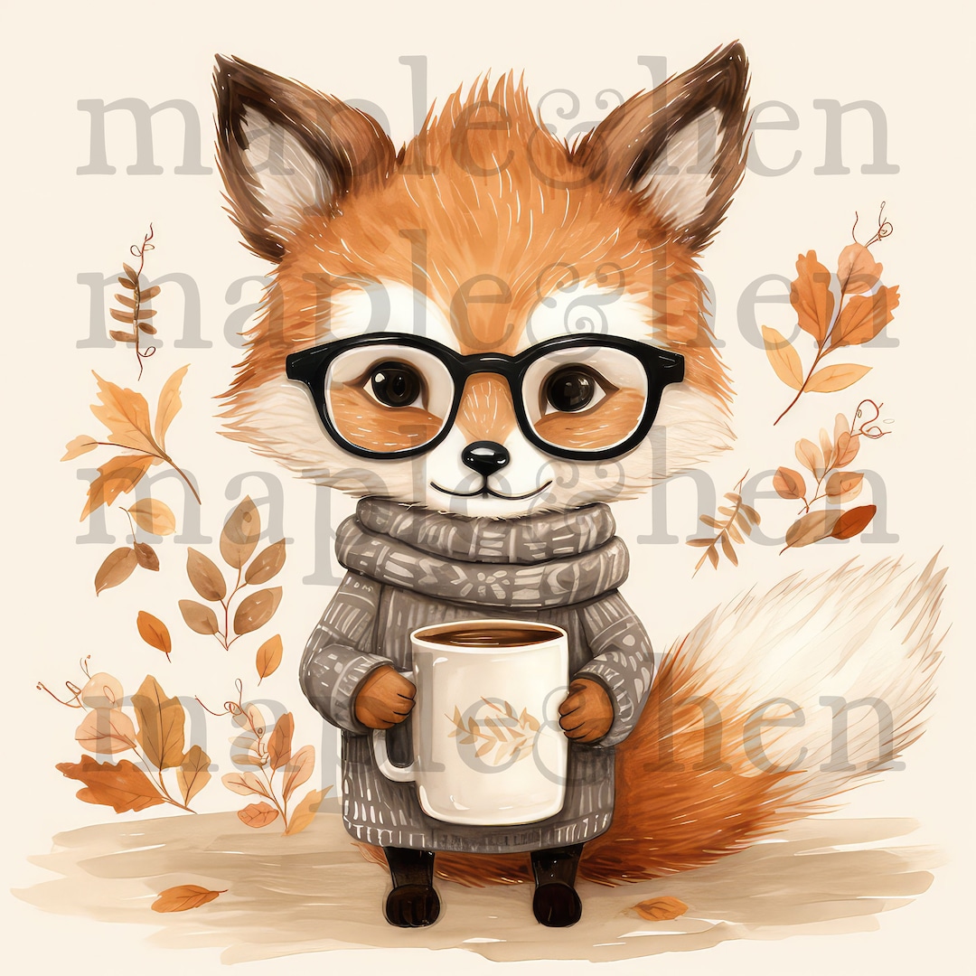 Cute Fox in Fall Drinking Coffee Clipart | Adorable Autumn Fox in ...