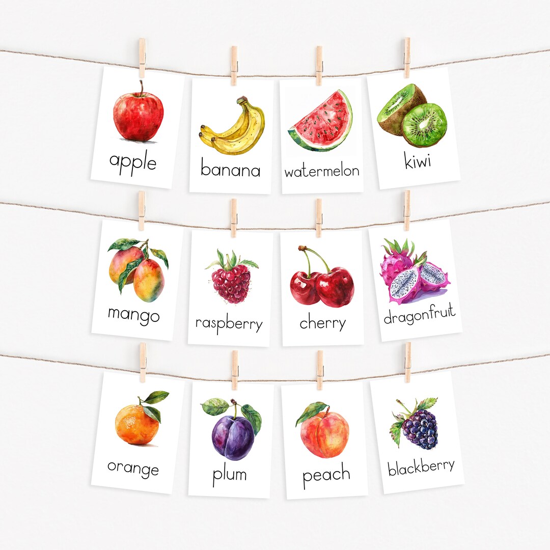Fruit Flash Cards | 12 Montessori Food Flashcards | Pre-school Card ...