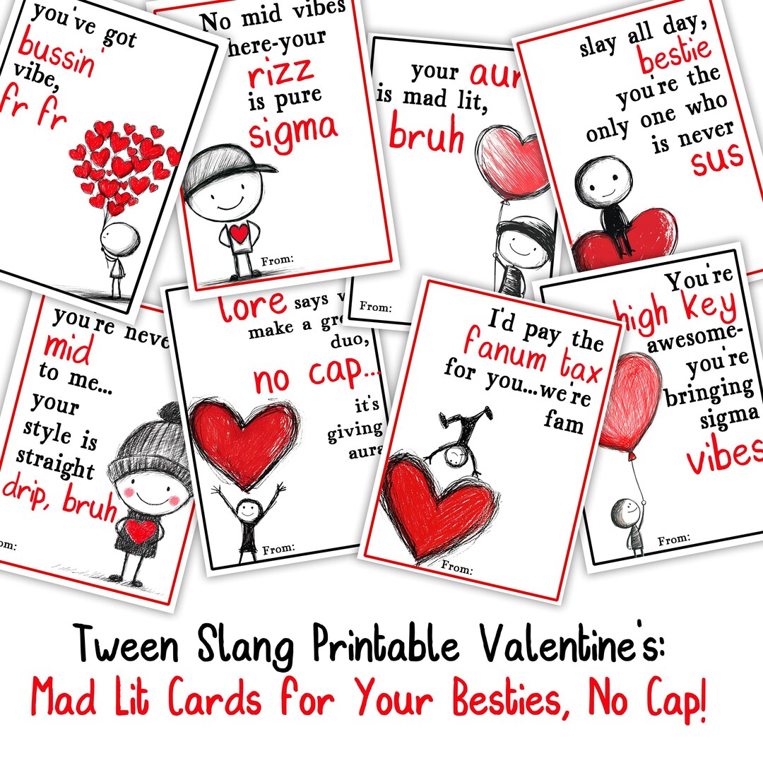 Slang Gen Alpha Printable Valentines | Tween Kids Valentine's Day Cards ...