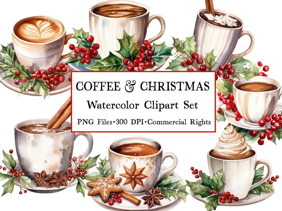 Coffee and Christmas Clipart Watercolor Holiday Latte PNG Instant ...