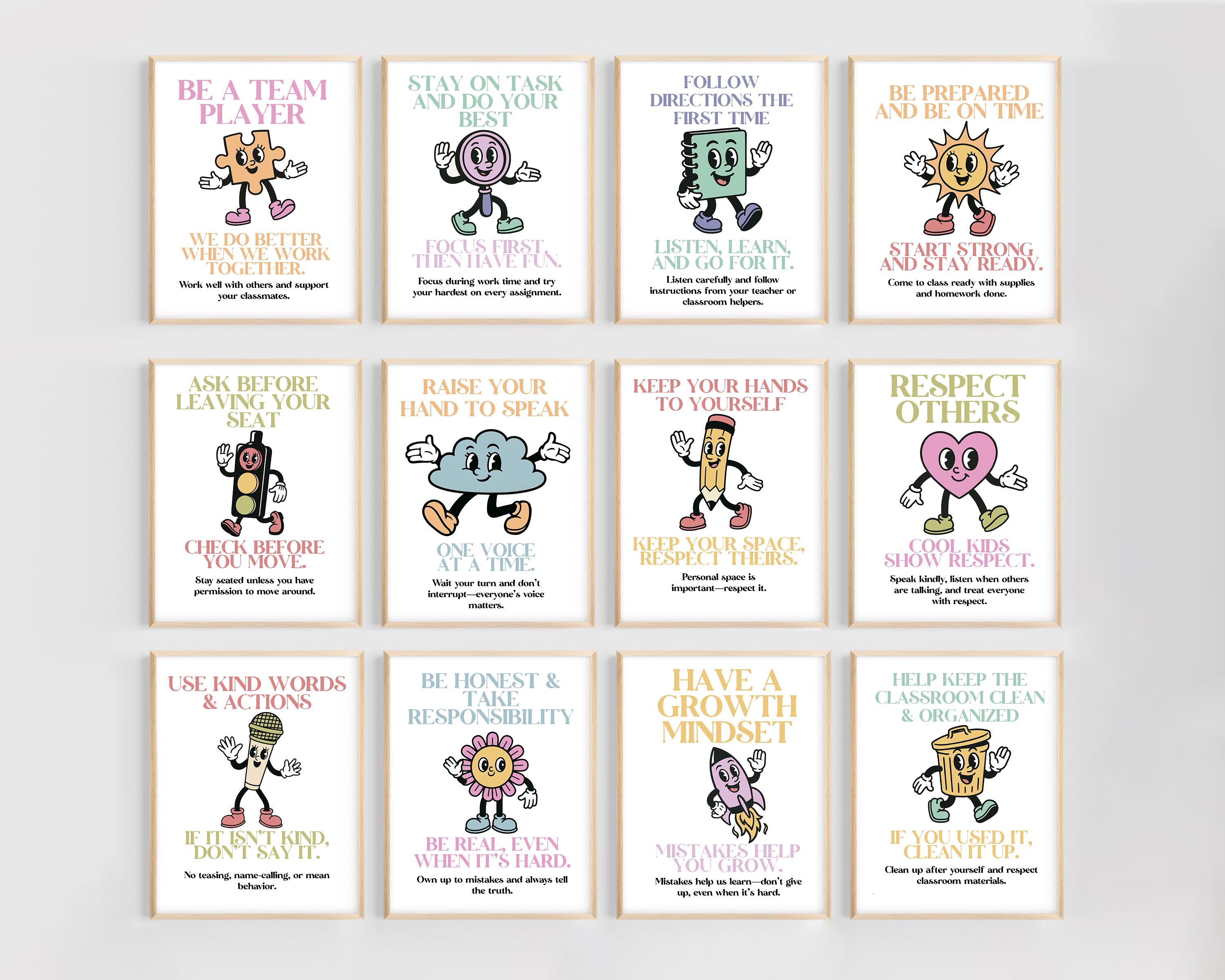 Retro Classroom Rules Poster Set | Vintage Character Behavior ...