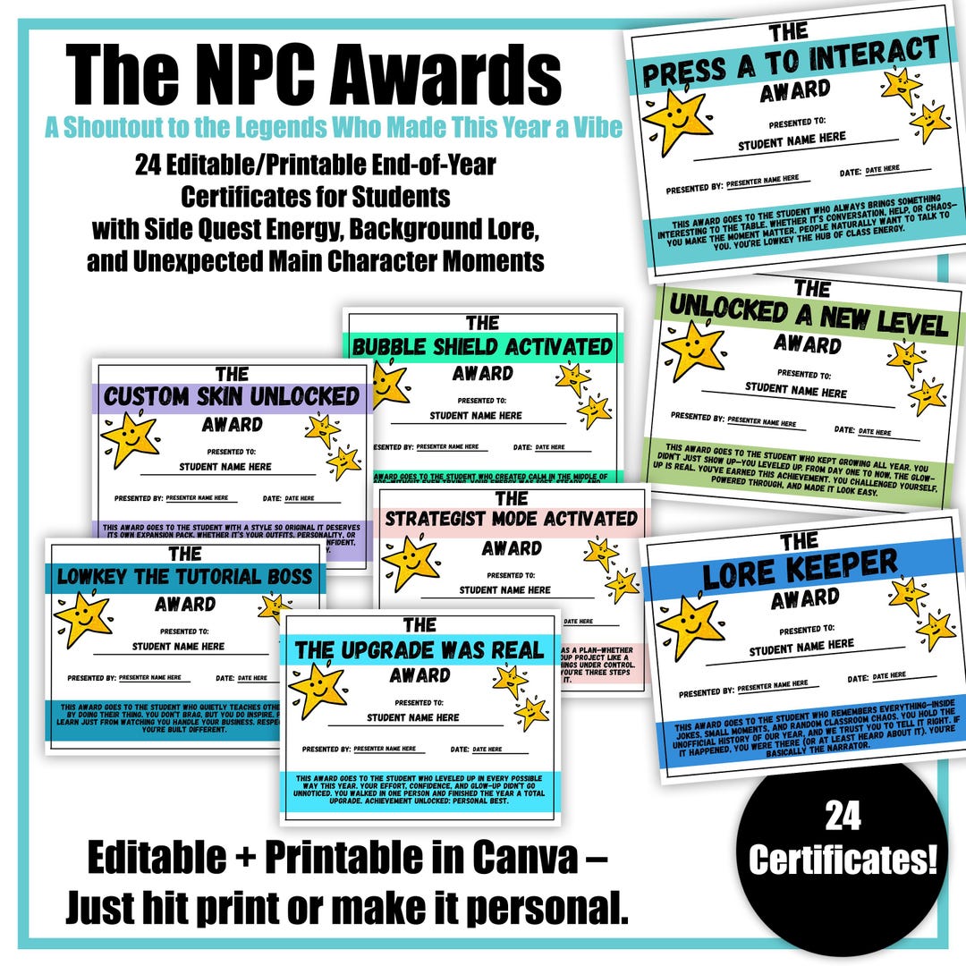 Editable Funny NPC Student Awards | Printable End of Year Gen Alpha ...