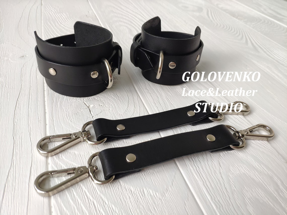 Genuine leather handcuffs with two fixation belts leather | Etsy