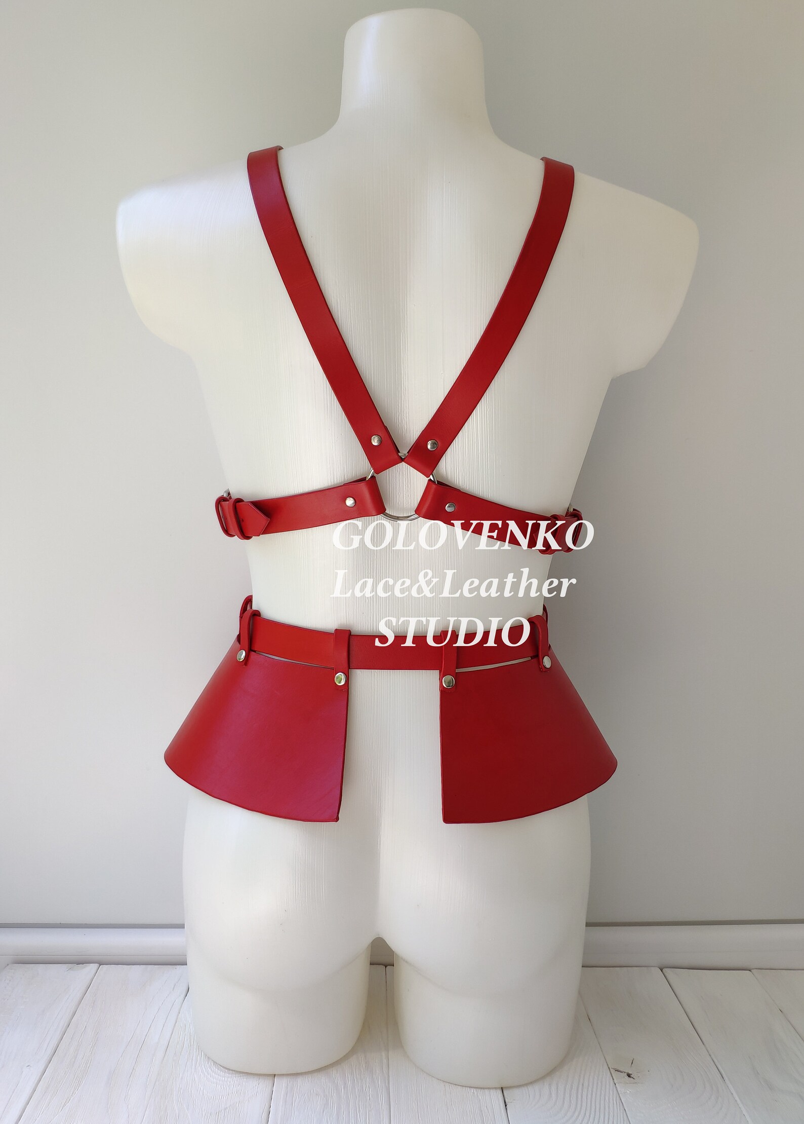 Red genuine leather harness set leather chest harness and | Etsy