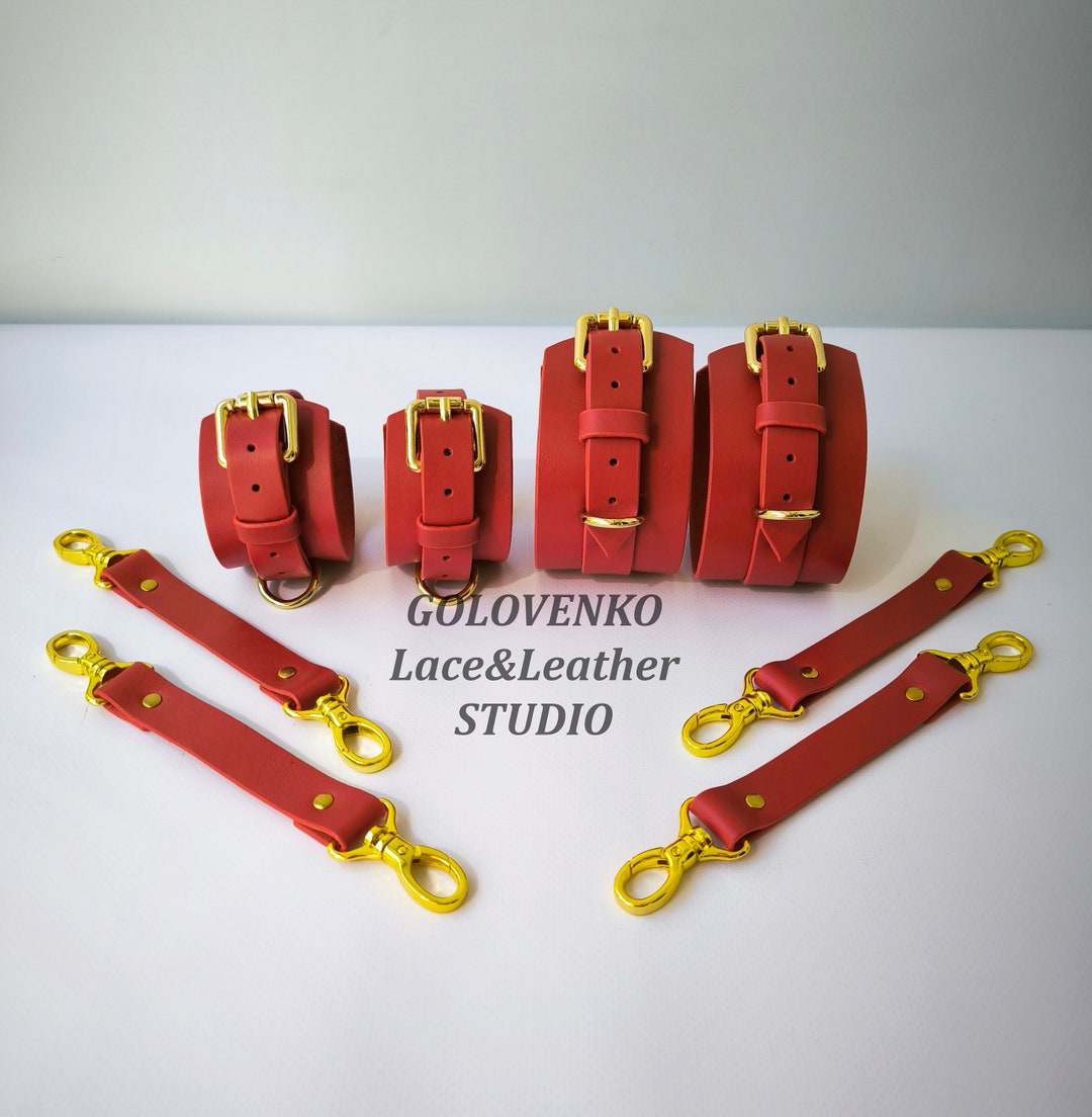 Set of Handcuffs and Ankle Cuffs With 4 Fixation Belts, Genuine Leather ...