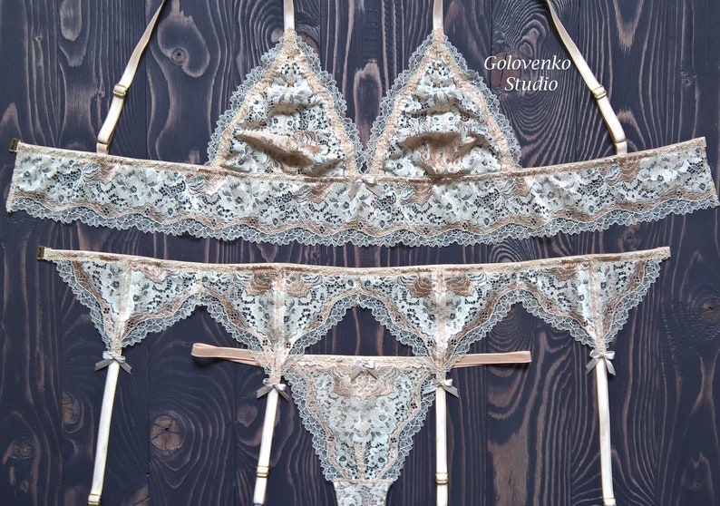 Beige Garter Belt Lingerie Set Sexy Lingerie Beige Boudoir - Etsy