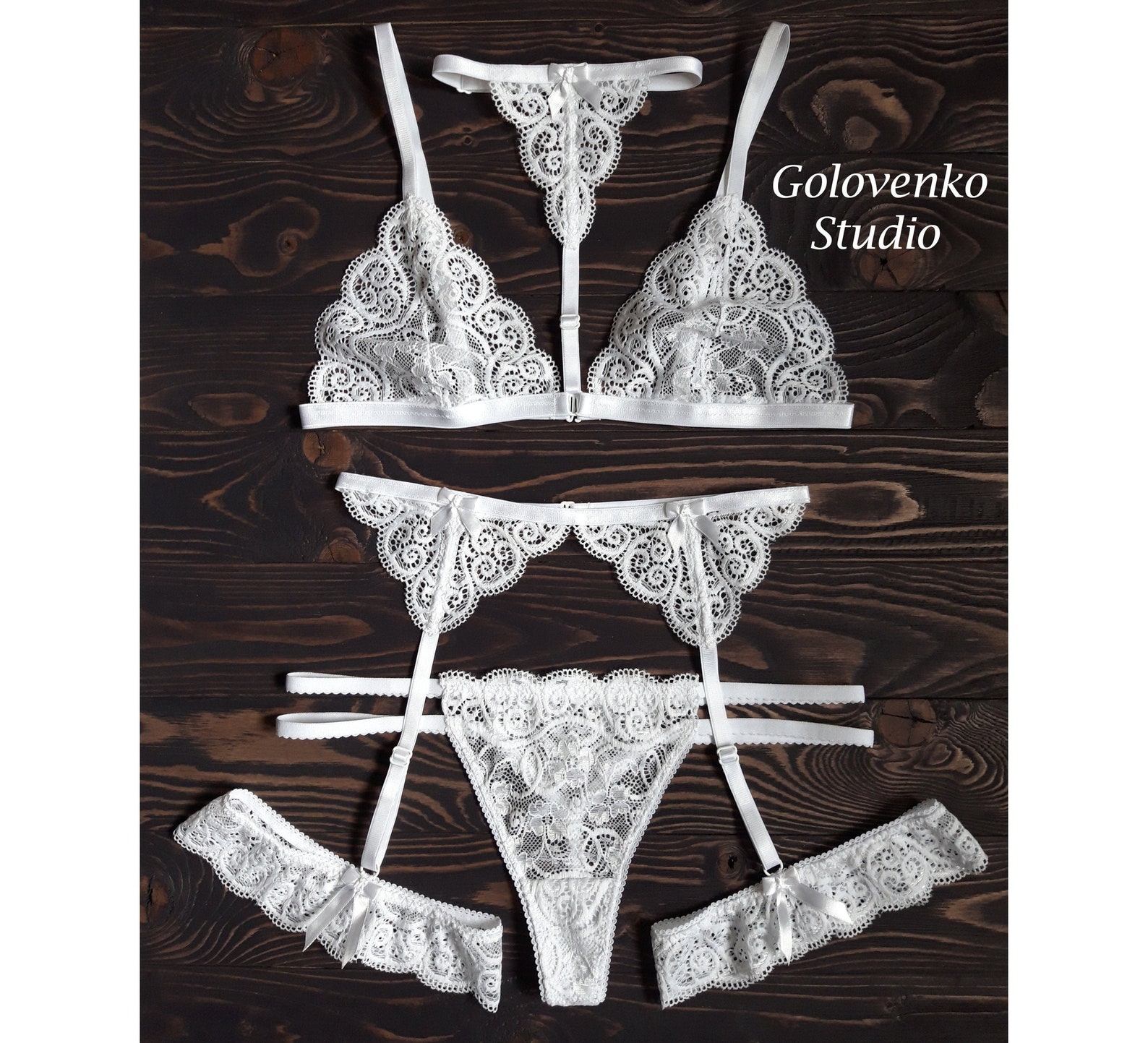 Bridal White Lingerie Set Lace Garter Belt Sexy Wedding Etsy