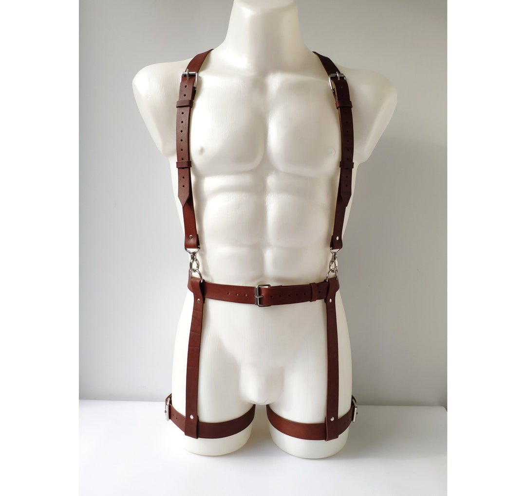 Men's Body Harness With Wide Belts, Brown Genuine Leather Full Body ...