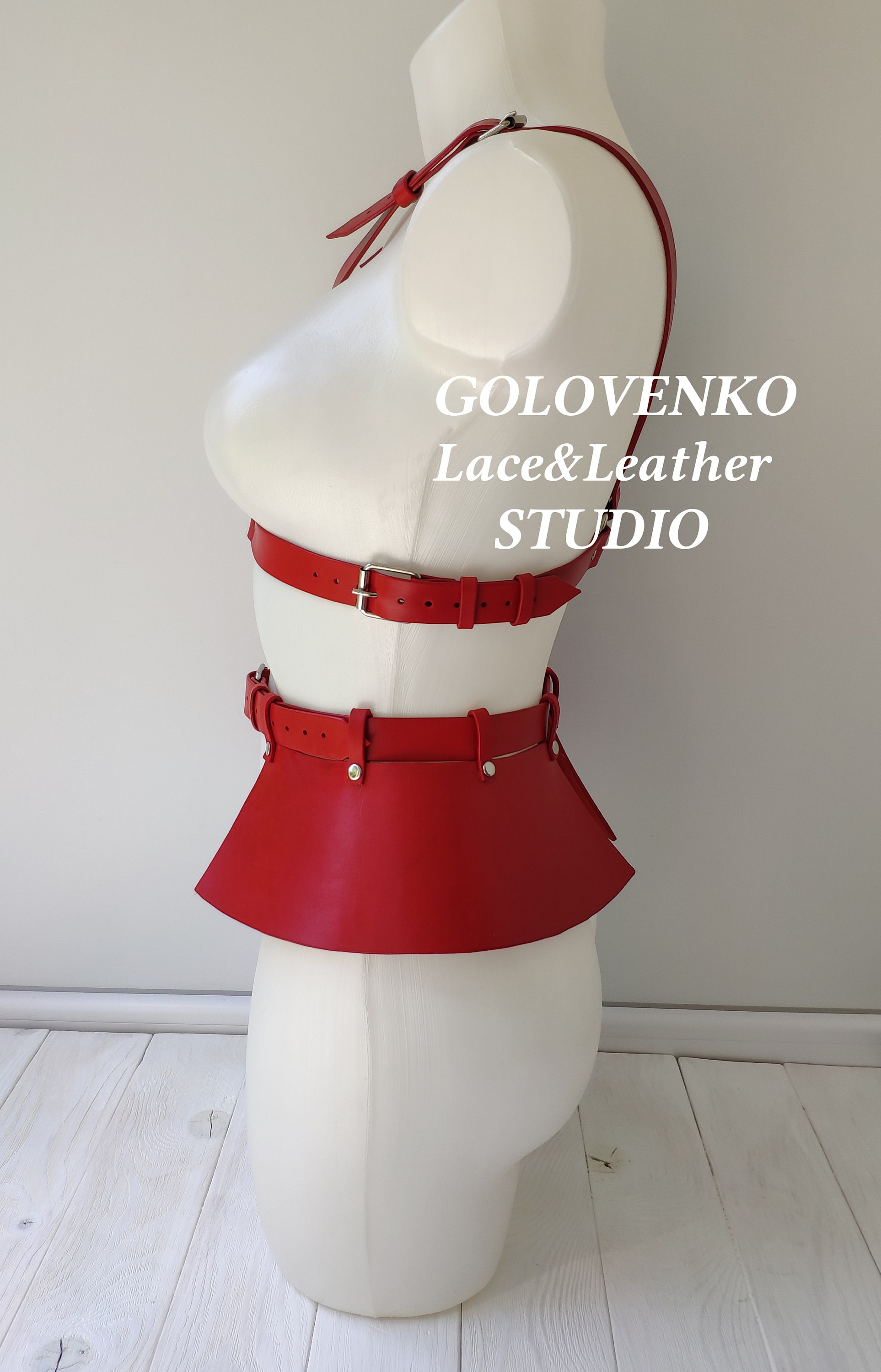 Red genuine leather harness set leather chest harness and | Etsy