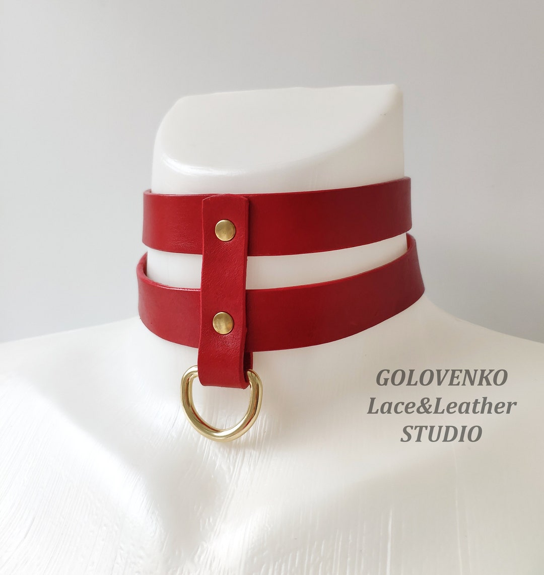 Red Leather Collar With D Ring, Two Straps Collar, Leather Choker, Bdsm ...