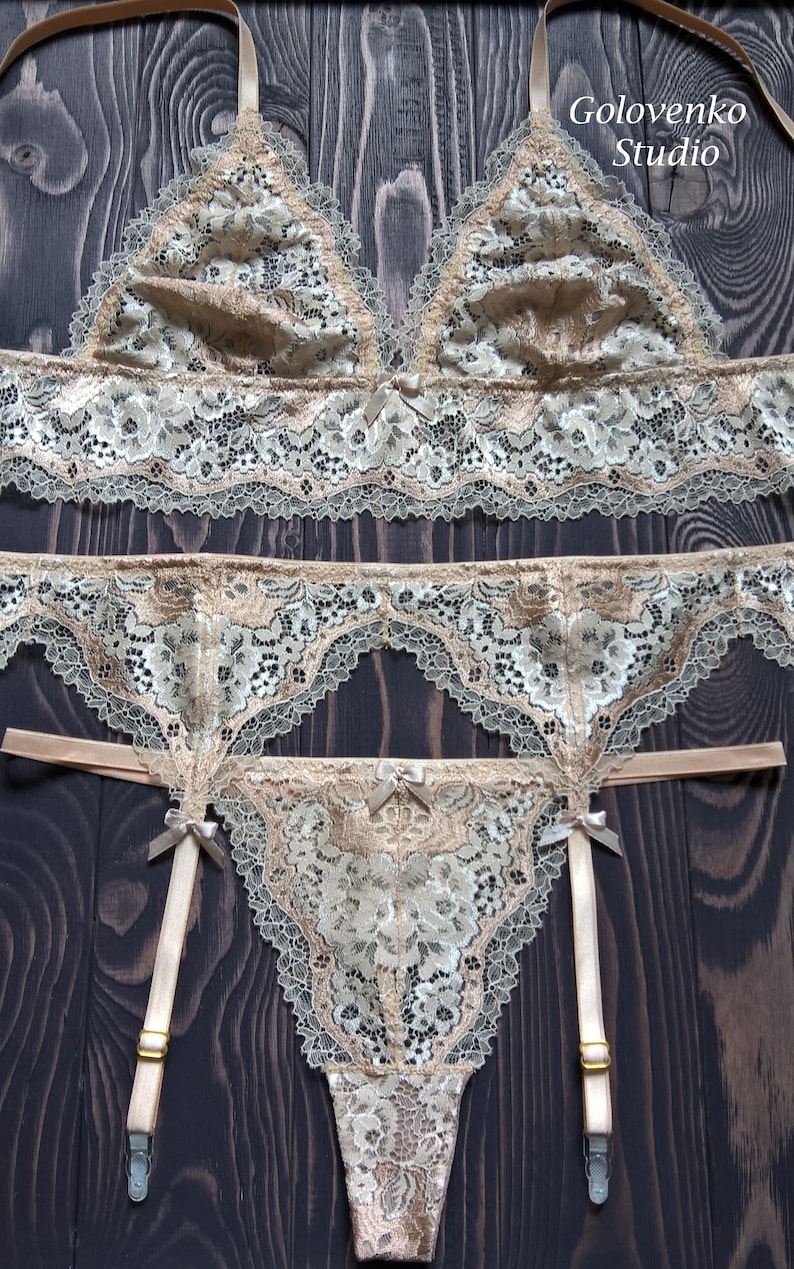 Beige Garter Belt Lingerie Set Sexy Lingerie Beige Boudoir - Etsy