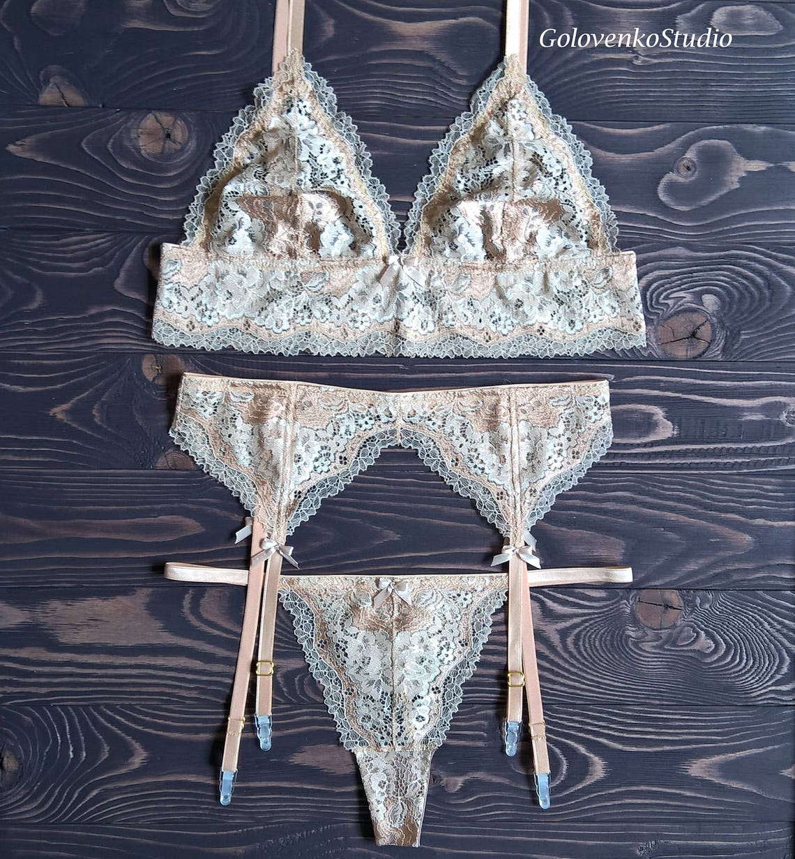 Beige Garter Belt Lingerie Set Sexy Lingerie Beige Boudoir - Etsy