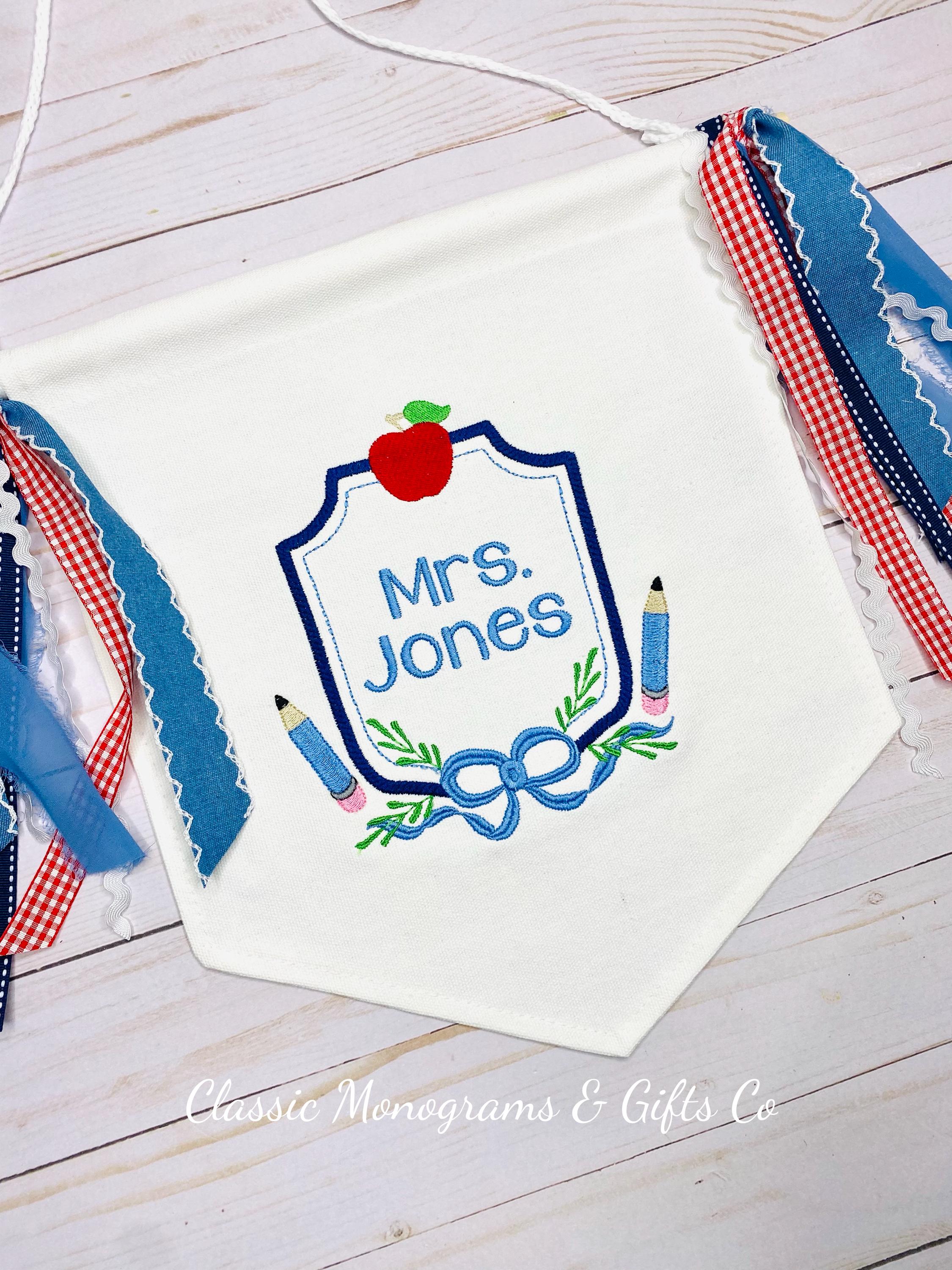 Teacher School Crest Banner Custom, Crest Embroidered, Fabric Bows ...