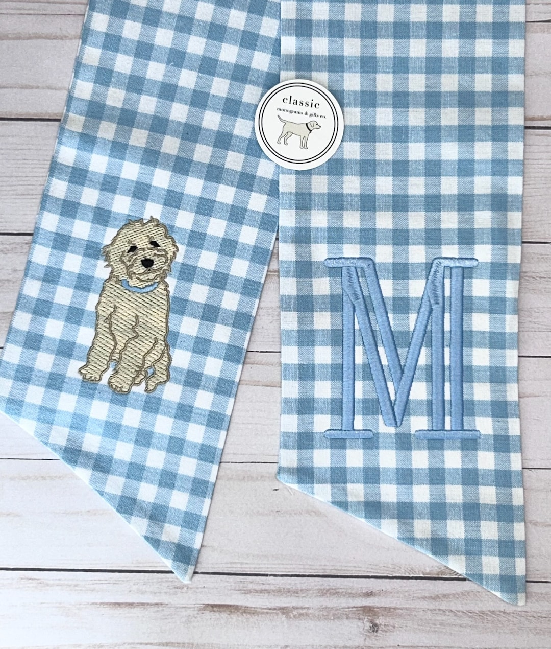Puppy Light Blue Gingham Plaid | Classic Embroidered Wreath Sash ...