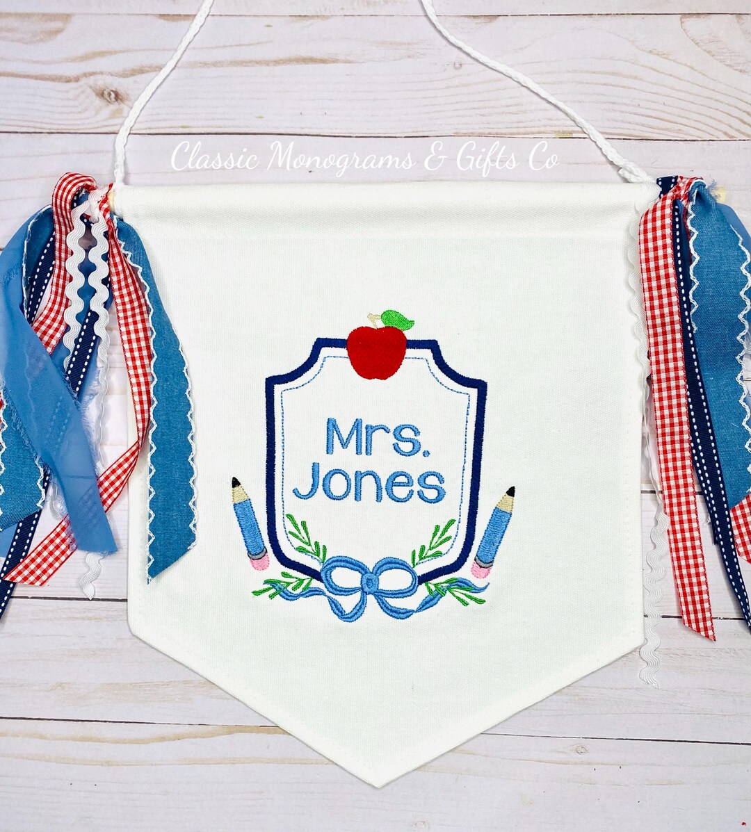Teacher School Crest Banner Custom, Crest Embroidered, Fabric Bows ...