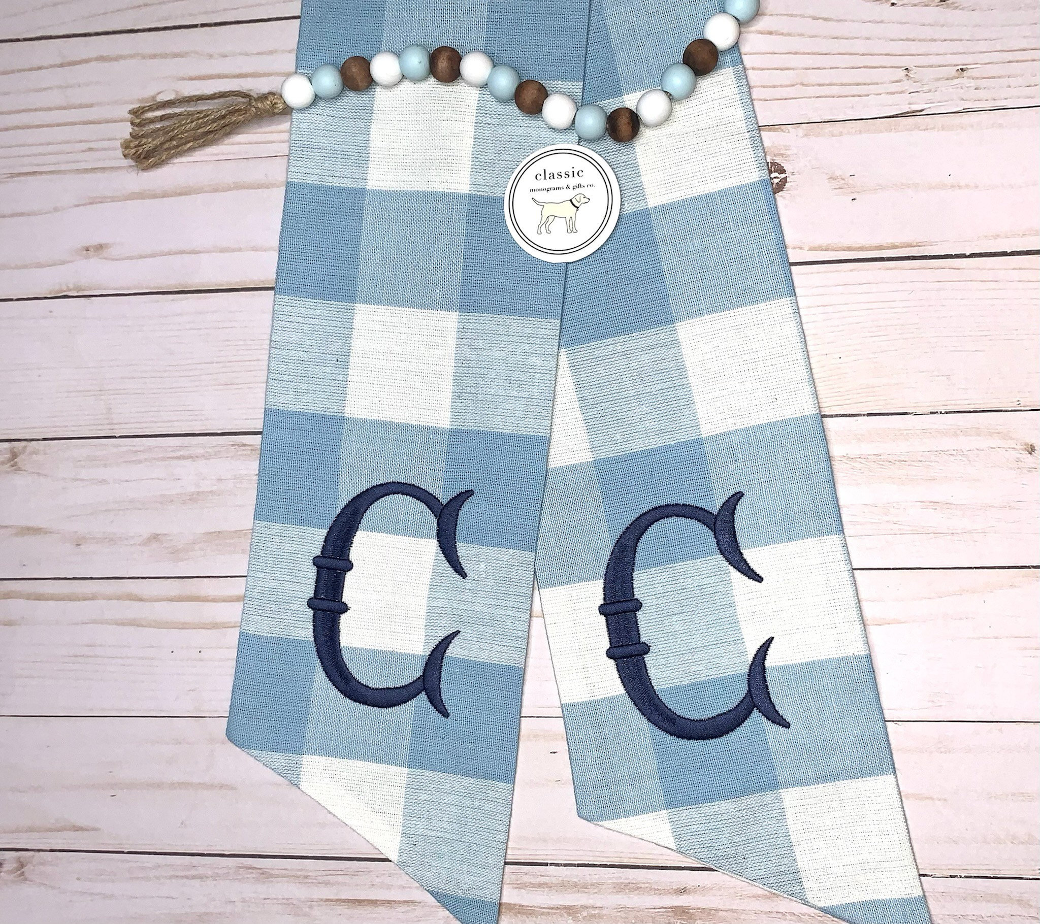 Light Blue Buffalo Plaid Check | Classic Embroidered Wreath Sash ...