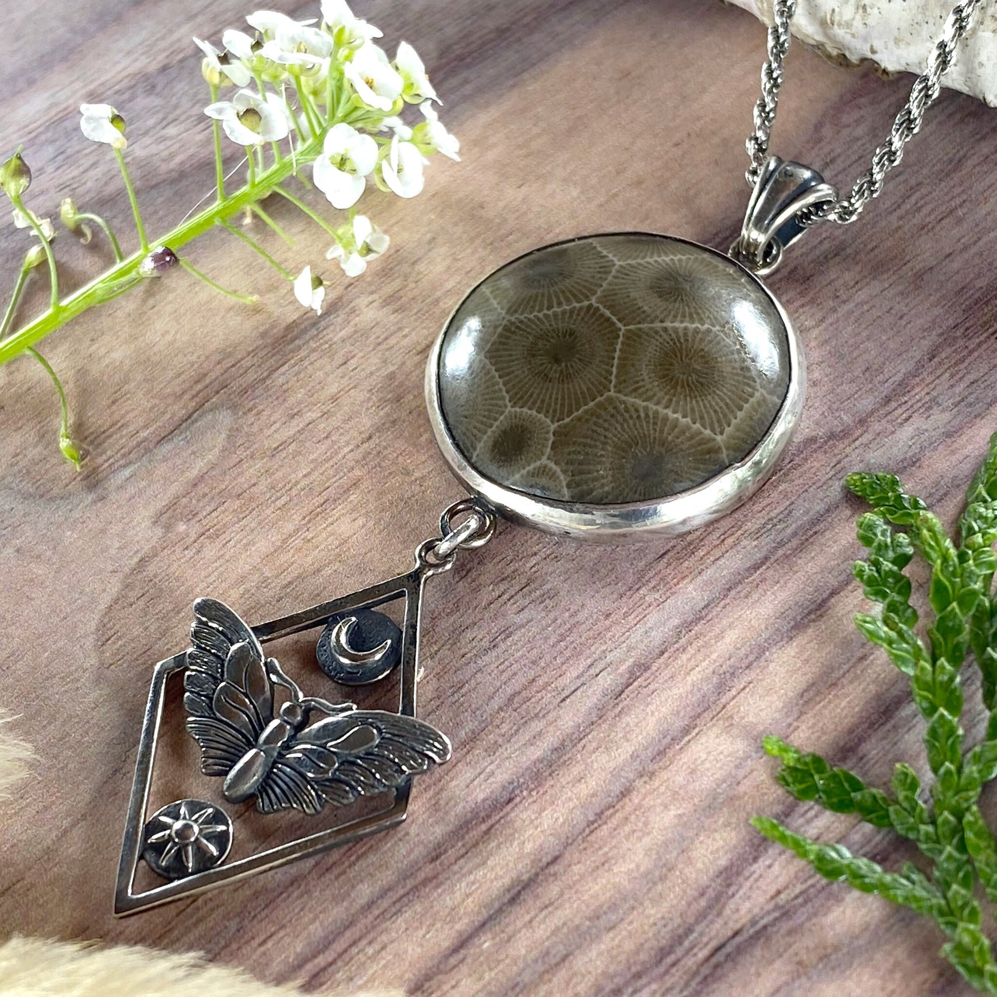 Petoskey Stone & Moth Charm Pendant Necklace Stone Treasures by the ...