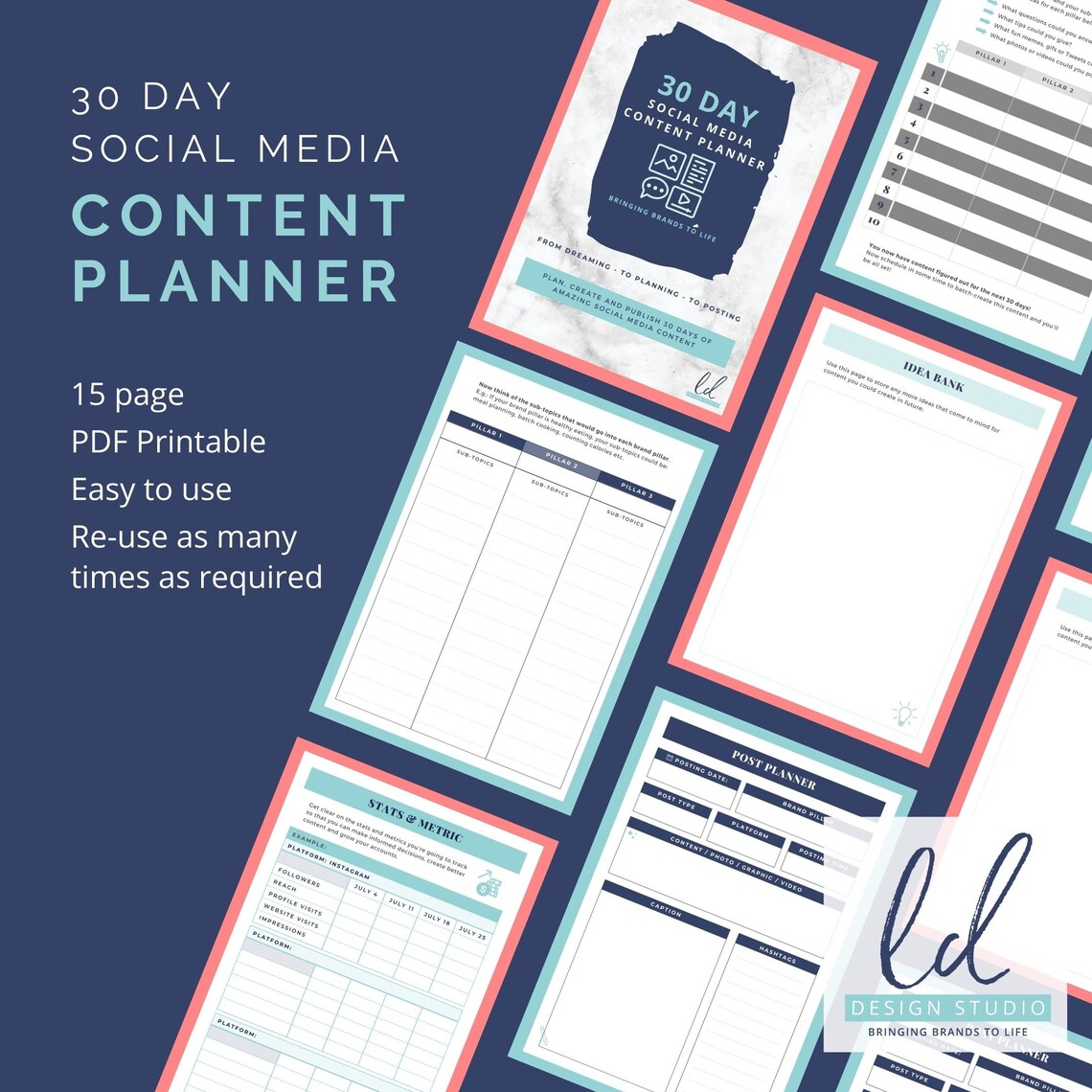 30 Day Social Media Content Planner | Workbook for Social Media | Social Planner | Daily Content ...