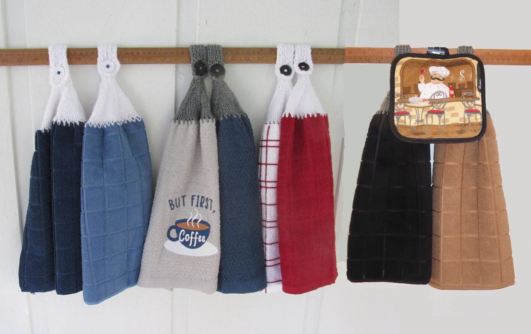 Hanging Kitchen Towel Set 3 Pieces 2 Double Towels With Knitted Strap ...
