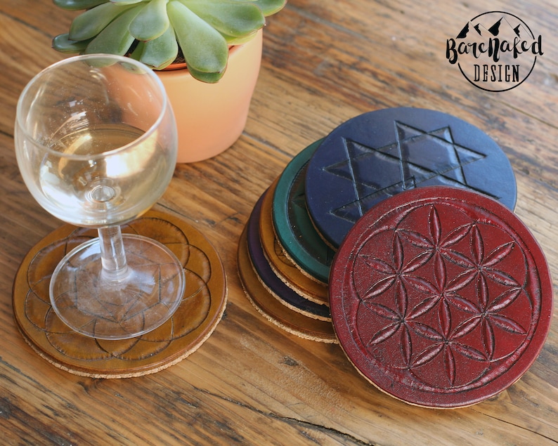 Leather Tea Coasters - Sacred Geometry - Chakra - Coaster Set - Hand ...
