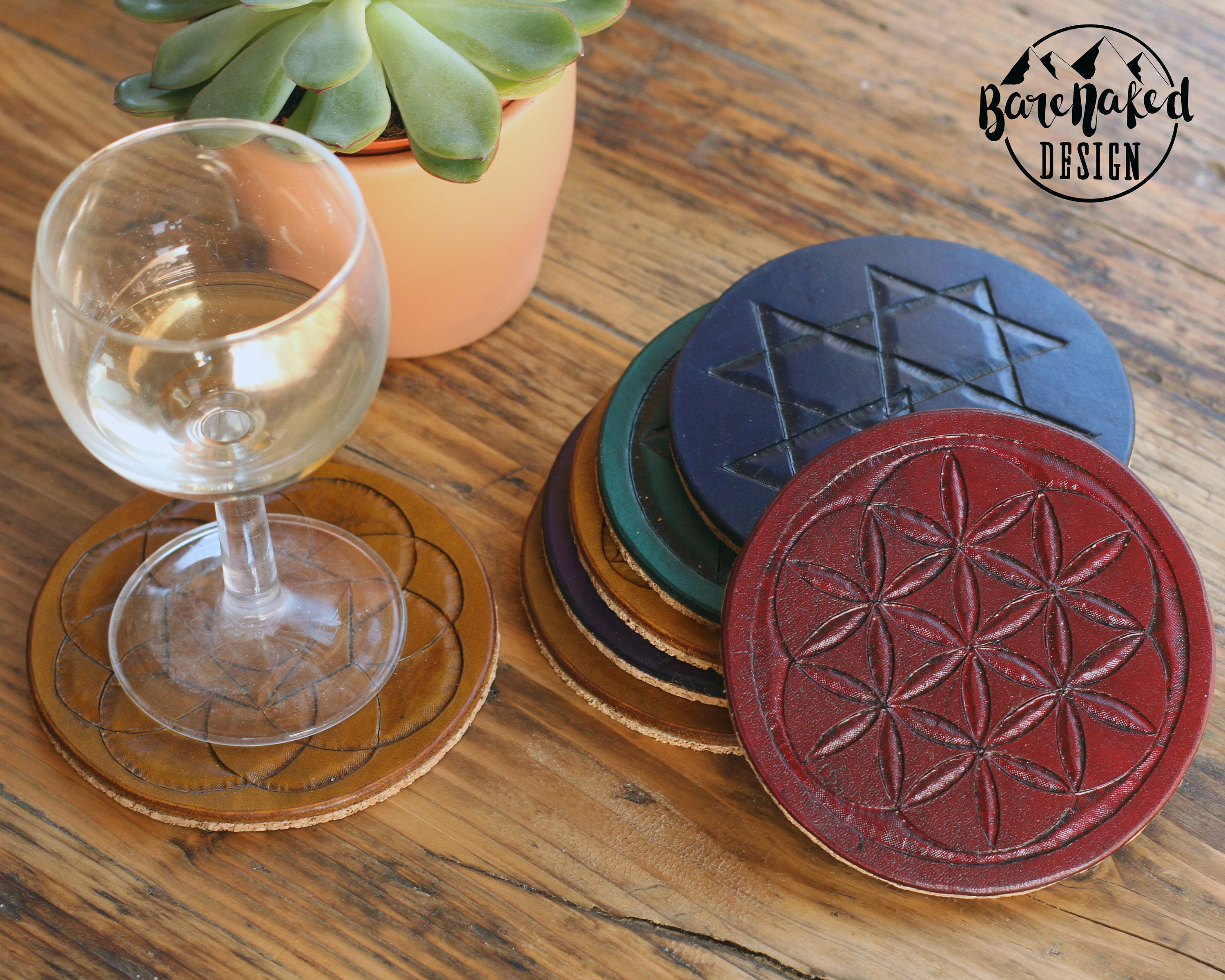Leather Tea Coasters Sacred Geometry Chakra Coaster Set | Etsy UK
