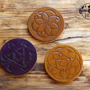 Leather Tea Coasters - Sacred Geometry - Chakra - Coaster Set - Hand ...