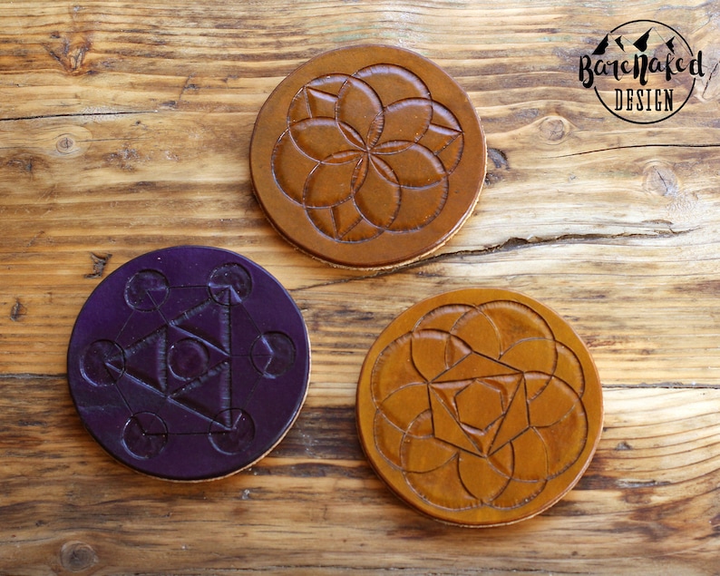 Leather Tea Coasters Sacred Geometry Chakra Coaster Set - Etsy UK