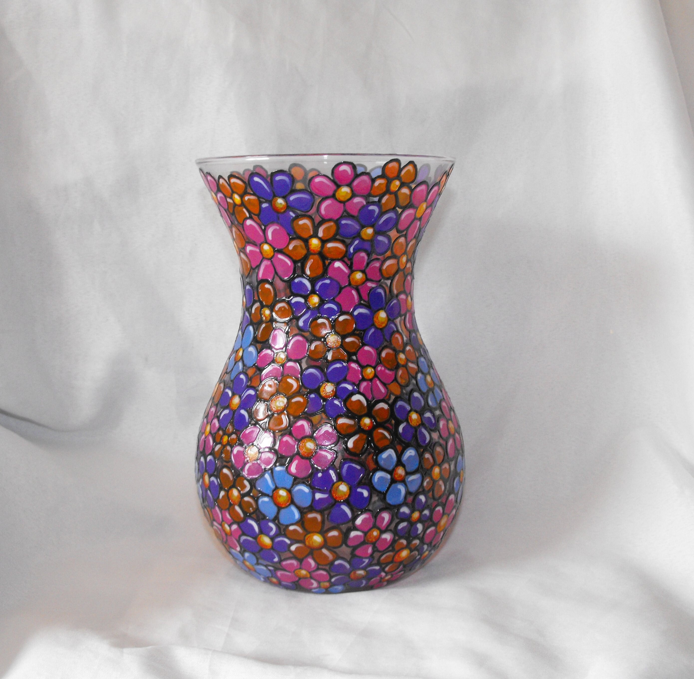Hand Painted Glass Vase. Little Multi Colour Flowers. Gift for Her ...