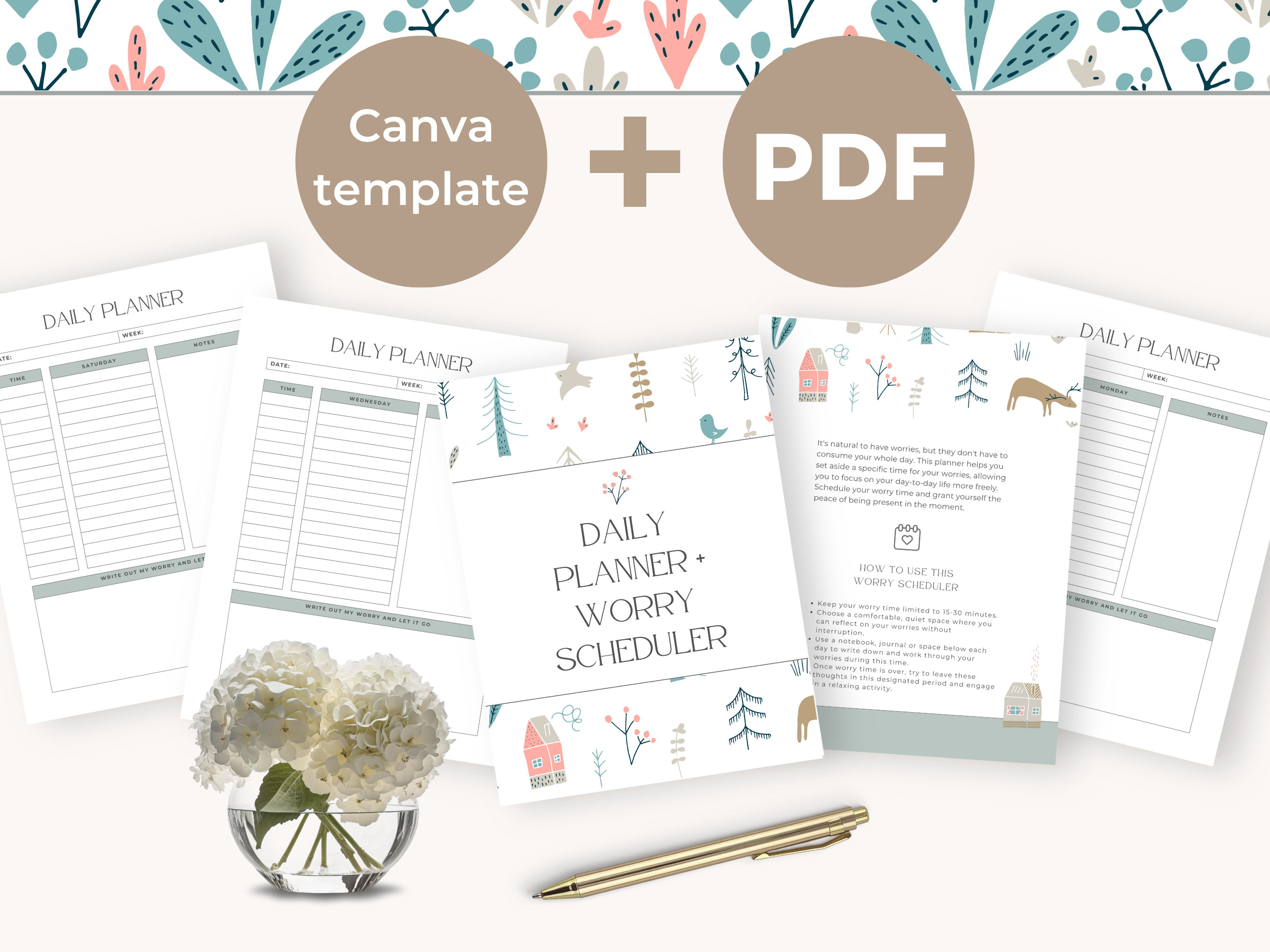 Daily Planner and Worry Scheduler, Canva Template for Productivity ...