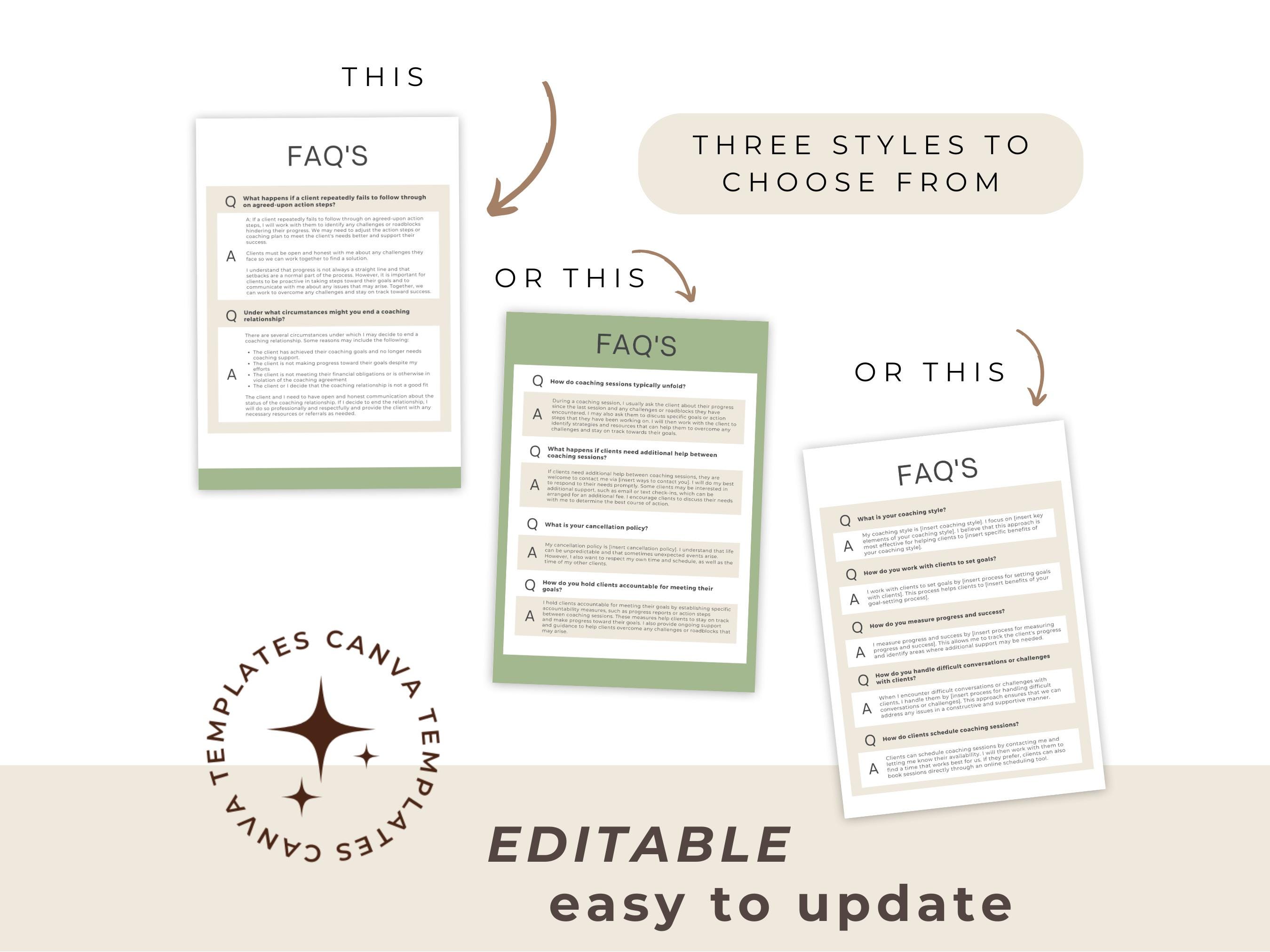 Coaches Faqs One-page Canva Template for Client Communication, Course ...