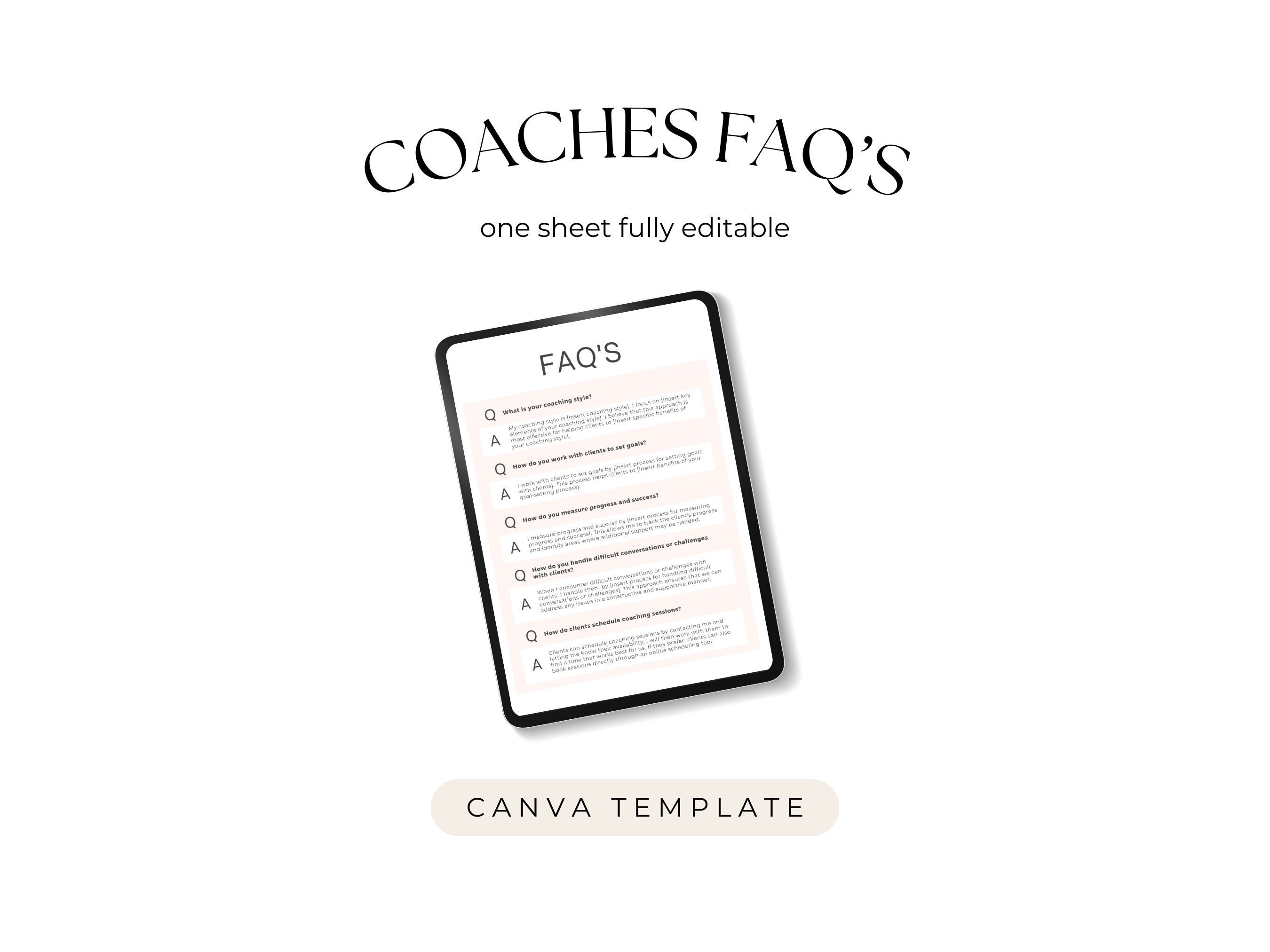 Coaches Faqs One Page Canva Template for Client Communication, Course ...