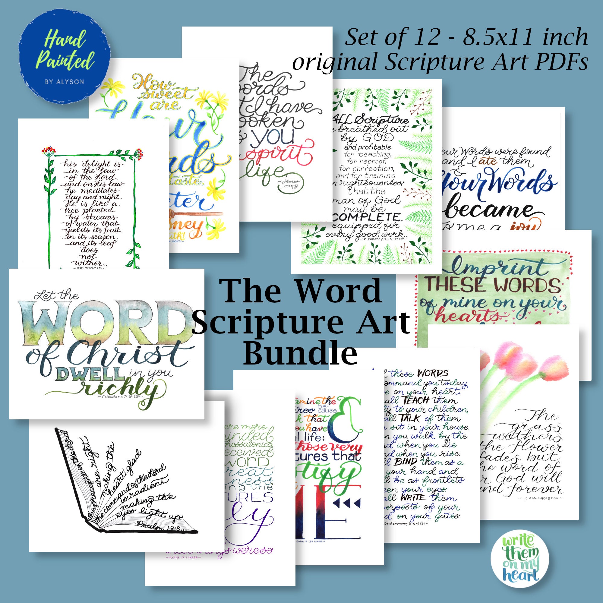 Scripture Art Bundle Printable Hand Lettered Bible Verse Print Set ...