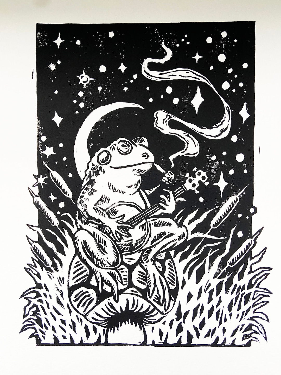 Frog Lino Block Print. Smoking Bullfrog Linoleum Cut Handmade - Etsy