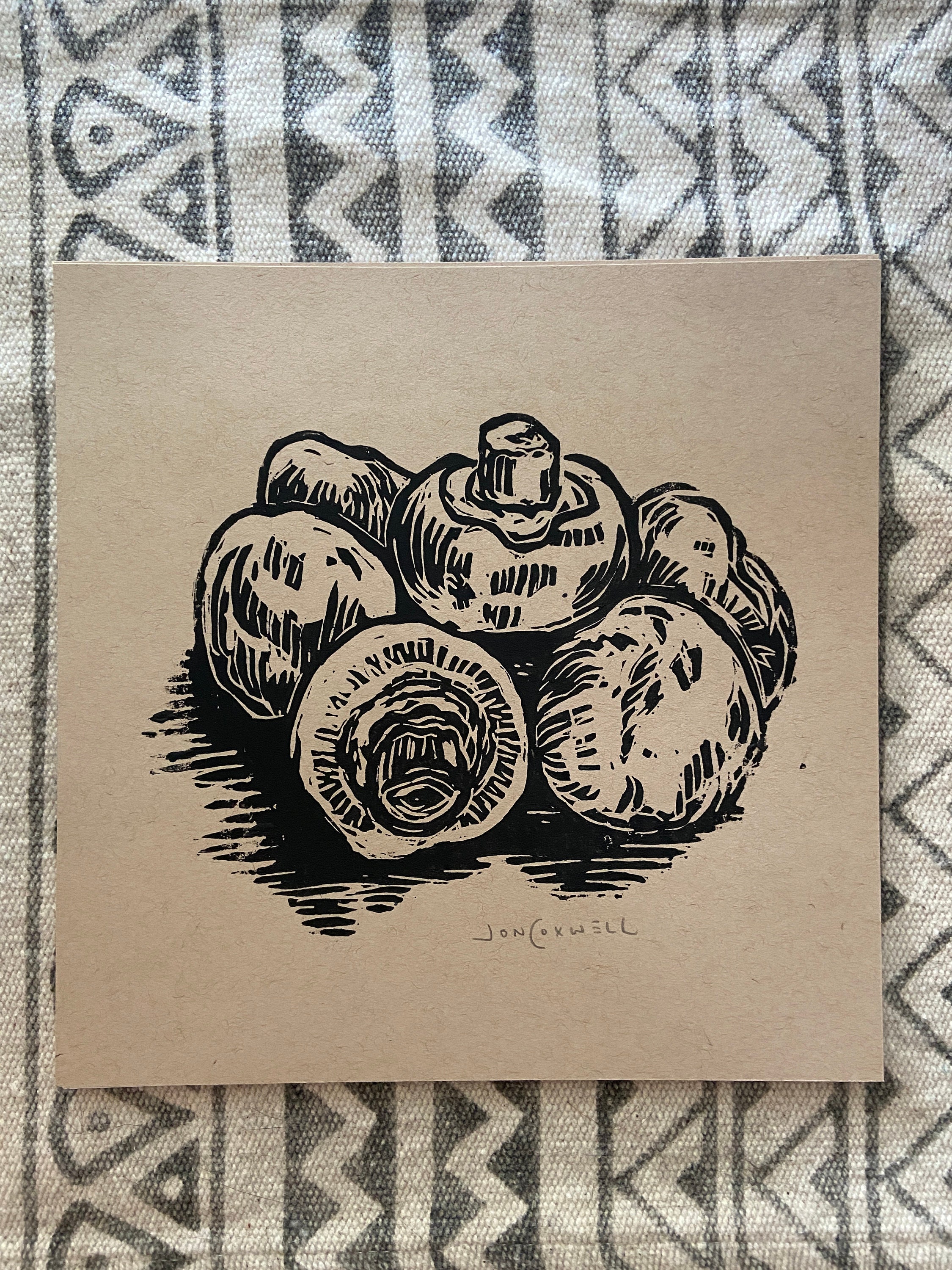 Mushroom Block Print. Linocut Button Mushroom Hand Carved & - Etsy