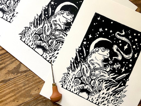Frog Lino Block Print. Smoking Bullfrog Linoleum Cut Handmade - Etsy
