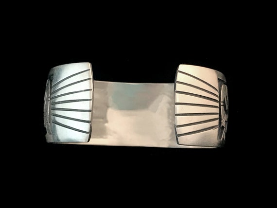 Hopi overlay cuff bracelet, Kokopelli, sun face, feat… - Gem