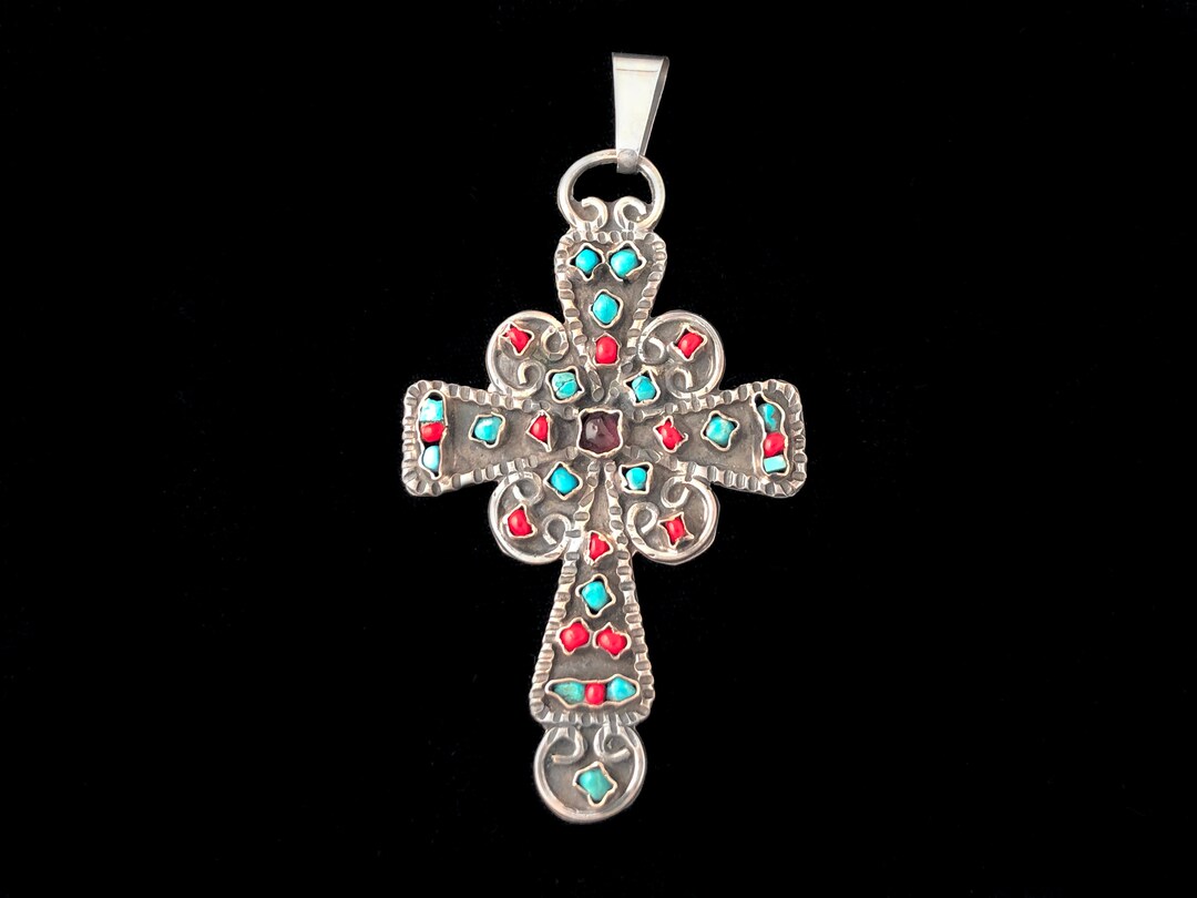 Taxco Mexico Cross Pendant With Turquoise, Amethyst, and Red Glass ...