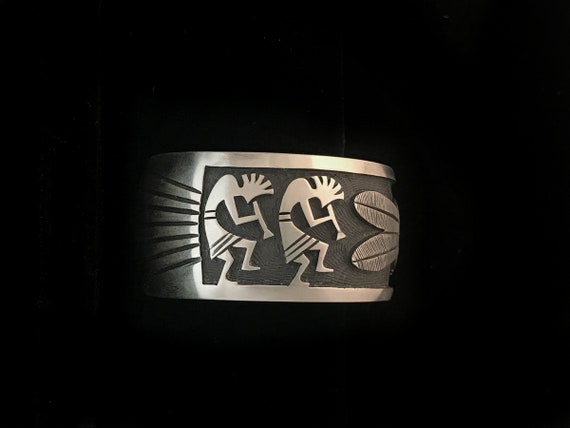 Hopi overlay cuff bracelet, Kokopelli, sun face, feat… - Gem